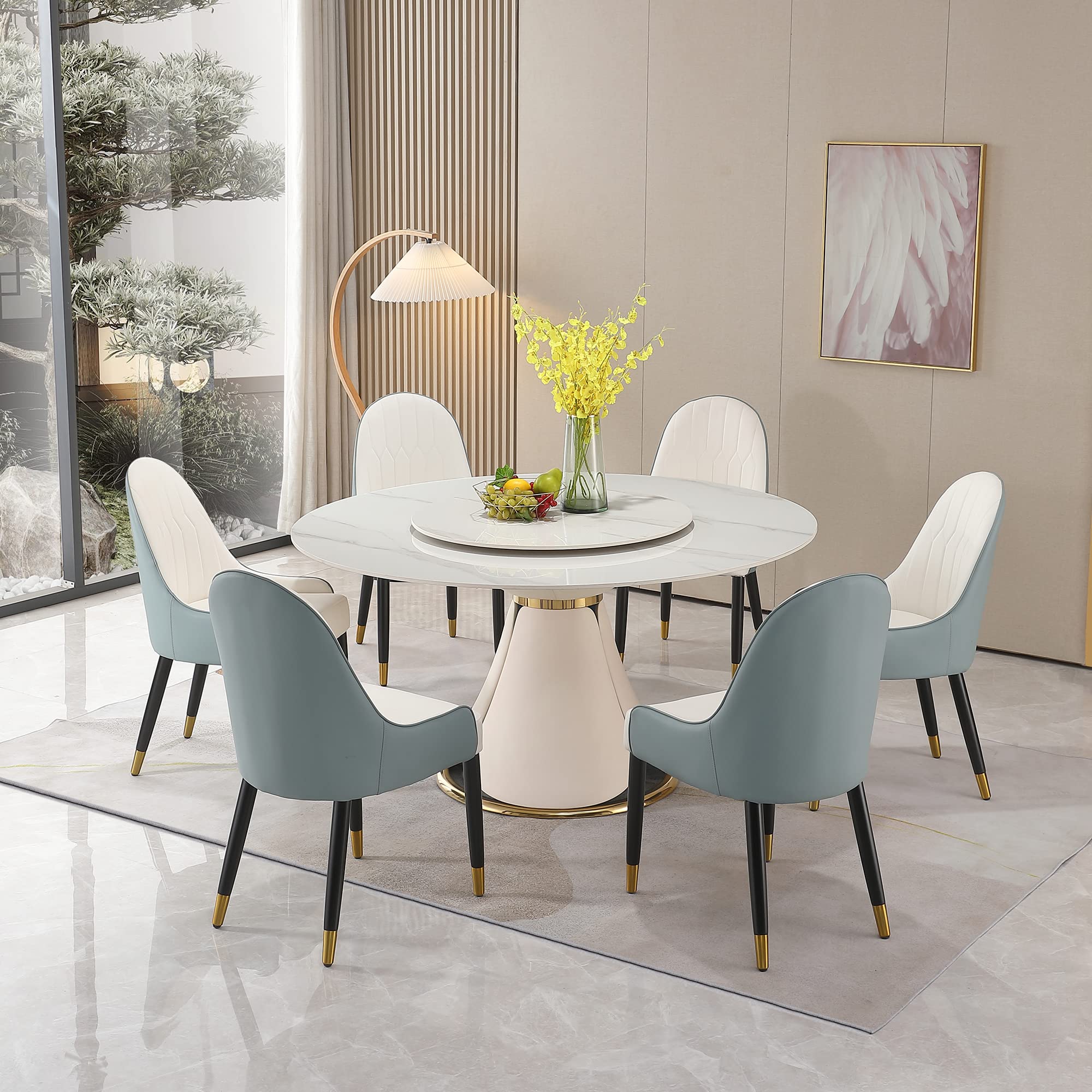 Voohek, Beige 9-Piece Modern Dining Room Set, with 8 Upholstered Chairs, Sintered Stone Table w/Round Turntable and Metal Exquisite Pedestal, Family Furniture for Home, Kitchen