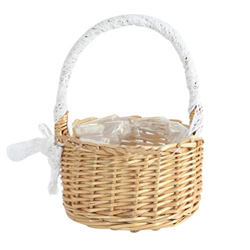 DOITOOL Wicker Rattan Flower Basket with Handle and Lace Bow, Wedding Flower Girl Baskets, Petal Basket Decorative Picnic Basket Woven Candy Storage Basket for Home Garden Decor, 7.5X5.9X5.9