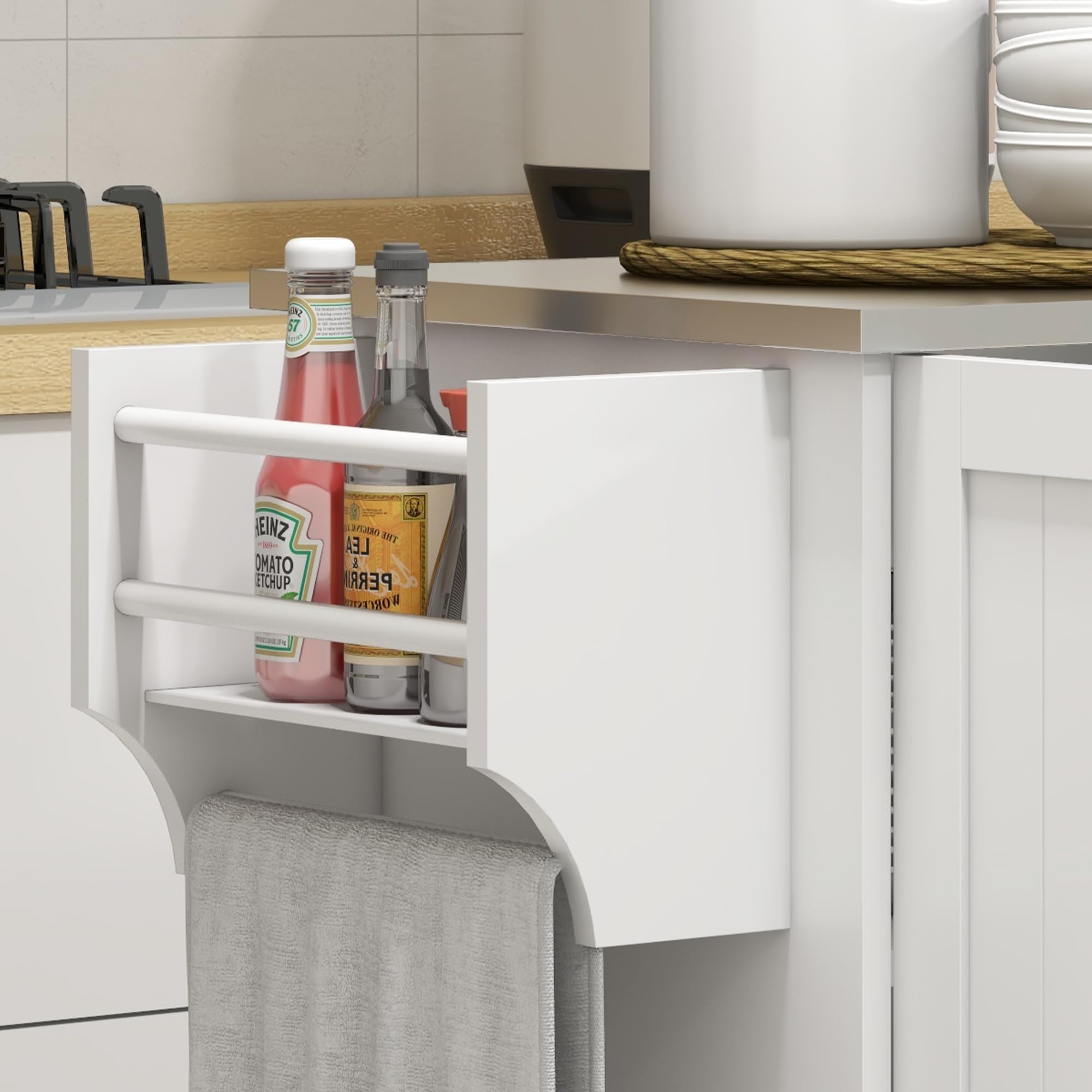 HOMCOM Kitchen Island with Storage, Rolling Kitchen Island on Wheels with Drawer, 3 Cabinets, Stainless Steel Countertop, Spice Rack and Towel Rack, White