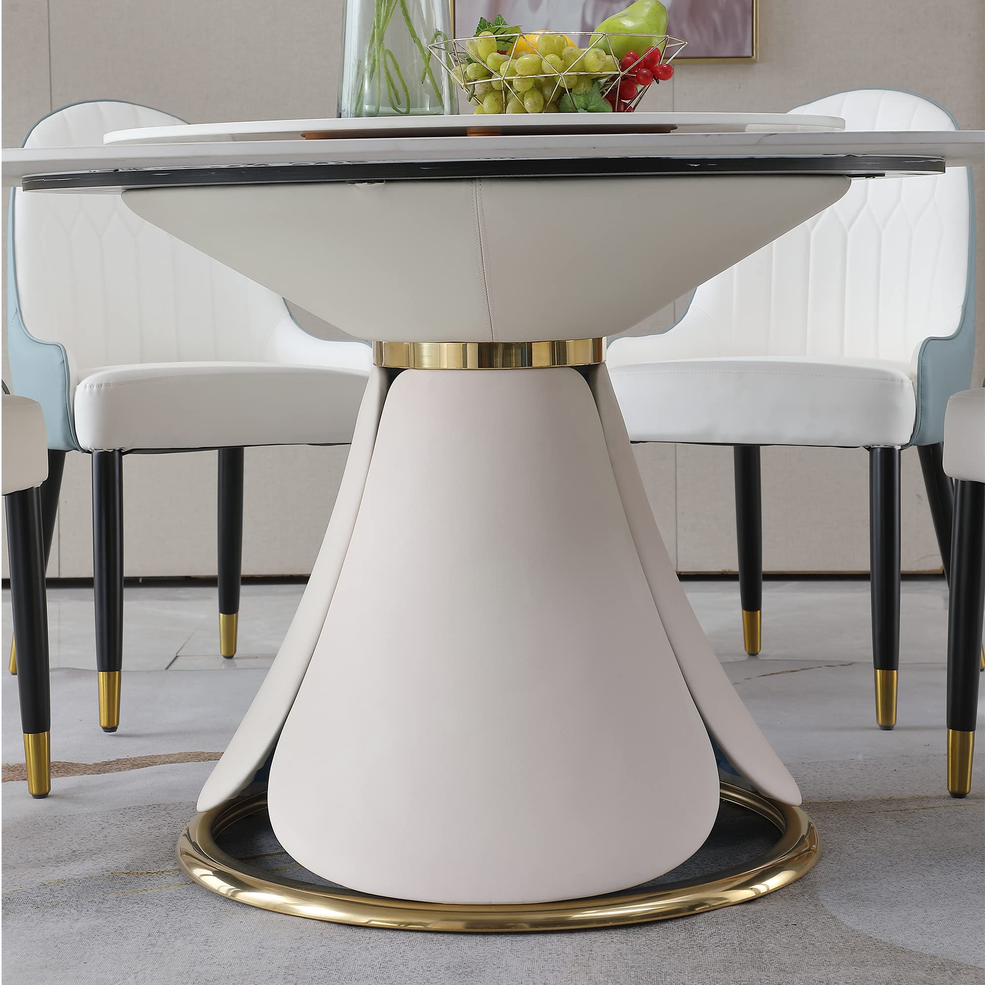 Voohek, Beige 9-Piece Modern Dining Room Set, with 8 Upholstered Chairs, Sintered Stone Table w/Round Turntable and Metal Exquisite Pedestal, Family Furniture for Home, Kitchen