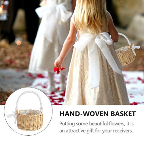 DOITOOL Wicker Rattan Flower Basket with Handle and Lace Bow, Wedding Flower Girl Baskets, Petal Basket Decorative Picnic Basket Woven Candy Storage Basket for Home Garden Decor, 7.5X5.9X5.9