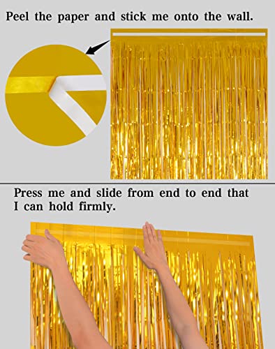 Gold Tinsel Backdrop Party Decorations, Melsan 3.2 x 8 ft Foil Fringe Curtains Party Backdrop for Birthday Party, Anniversary, Graduation, New Year Eve Backdrop Decorations, Pack of 2