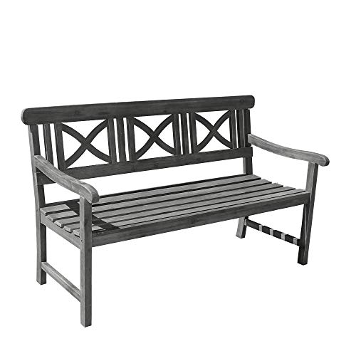 Vifah V1299 Coronado Grey-Washed 5Ft X-Back Acacia Weathered-Wood Bench for 3 Seater in Entry Way