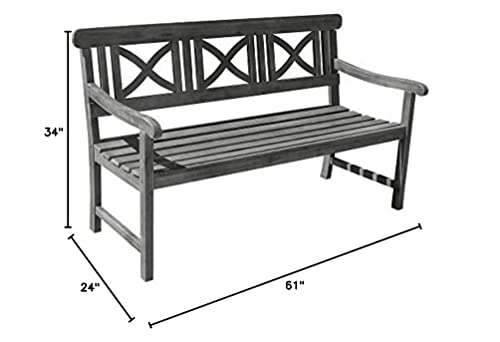 Vifah V1299 Coronado Grey-Washed 5Ft X-Back Acacia Weathered-Wood Bench for 3 Seater in Entry Way