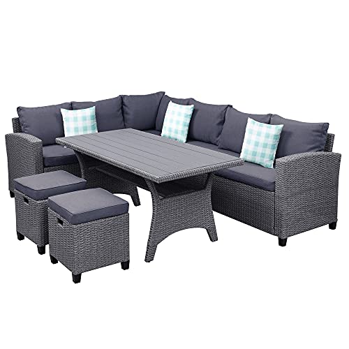 FZZDP 5 Pcs Outdoor Conversation Set Patio Furniture Set All Weather Wicker Sectional Couch Sofa Dining Table Chair w/Ottoman&Pillow (Color : D)