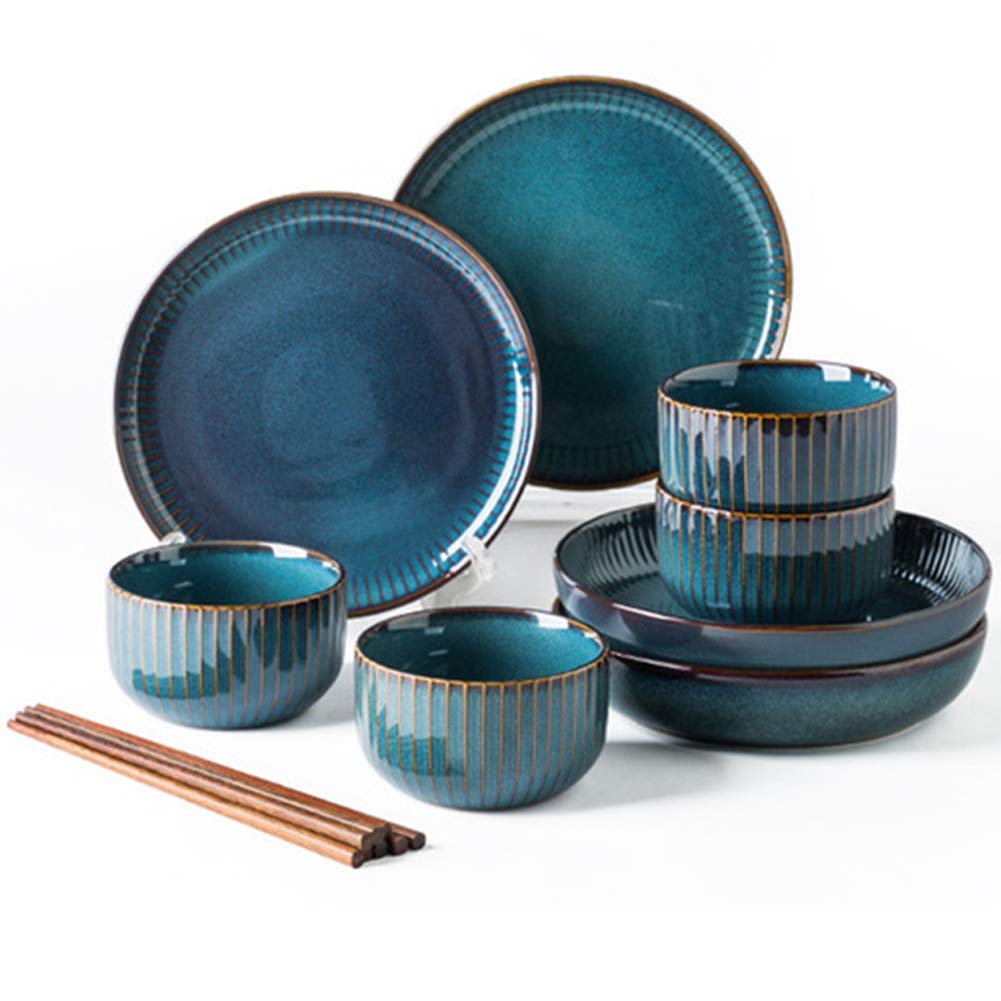 Fine Dinnerware Set,Porcelain Dinnerware Set, Ceramic Plates and Bowls Sets, Modern Creativity Vintage Lounge Round Reactive Glaze Stoneware Dishes Set for Kitchen/Dining, Blue,Service for 4 (12p