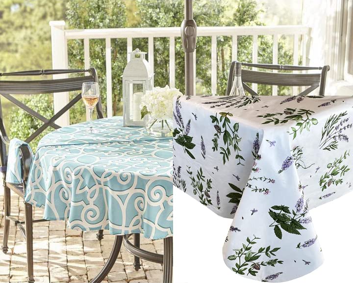 Newbridge Herb Garden Floral Kitchen Design Flannel Backed Vinyl Tablecloth, Fresh Flowering Garden Herbs Vinyl Tablecloth, 70" Umbrella Hole Zippered Round