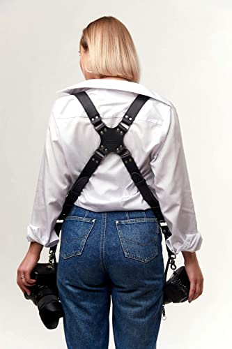 Camera Strap Accessories for Two-Cameras – Dual Shoulder Leather Harness – Multi Camera Gear for DSLR/SLR Black ProInStyle strap by Coiro