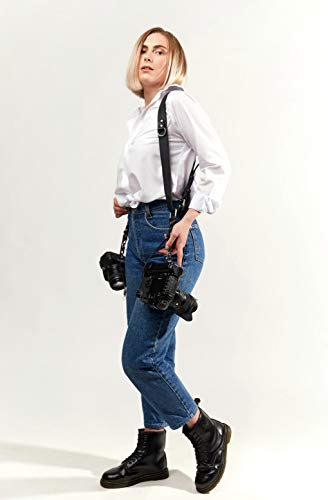 Camera Strap Accessories for Two-Cameras – Dual Shoulder Leather Harness – Multi Camera Gear for DSLR/SLR Black ProInStyle strap by Coiro