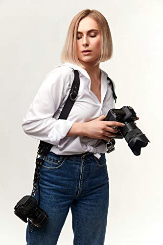 Camera Strap Accessories for Two-Cameras – Dual Shoulder Leather Harness – Multi Camera Gear for DSLR/SLR Black ProInStyle strap by Coiro