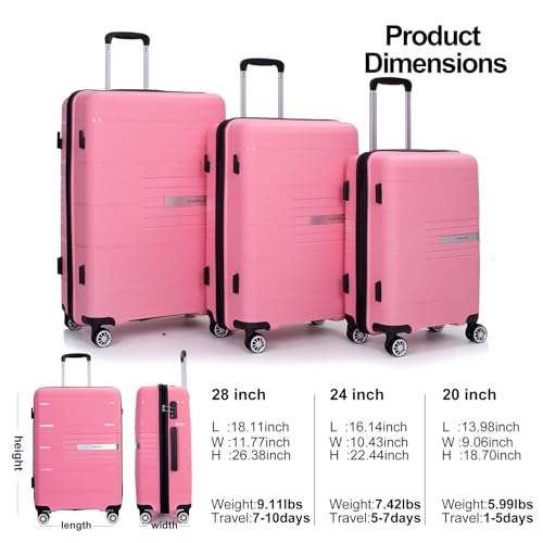 Tripcomp Luggage Sets Hardshell Travel Durable Suitcase Sets with Spinner Wheels TSA Lock, Carry-on,Luggage 3piece Set (20inch/24inch/28inch) (Pink)