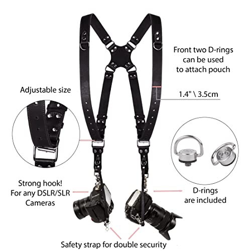 Camera Strap Accessories for Two-Cameras – Dual Shoulder Leather Harness – Multi Camera Gear for DSLR/SLR Black ProInStyle strap by Coiro
