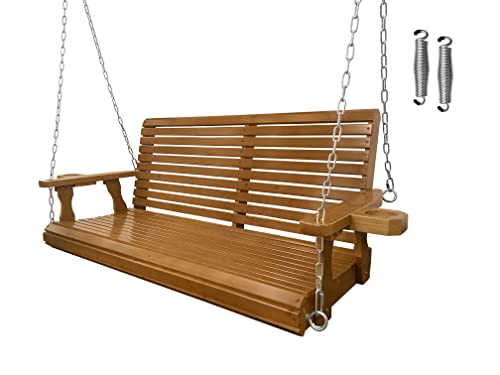 Wooden Porch Swing 2-Seater, Bench Swing with Cupholders, Hanging Chains and 7mm Springs, Heavy Duty 800 LBS, for Outdoor Patio Garden Yard (Brown - 4.5 feet)