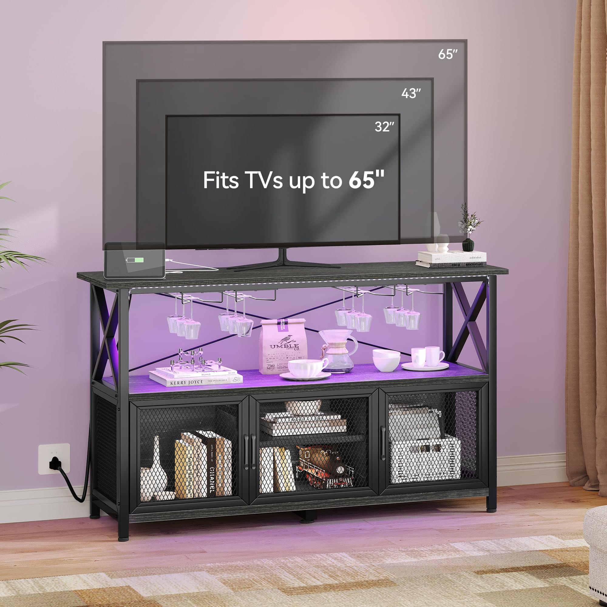 YITAHOME 55" Coffee Bar Cabinet with LED Lights Power Outlets, Industrial Liquor Cabinet Home Wine Bar Table with Wine Rack Storage Sideboard Buffet Cabinet for Living Room Kitchen Dining Room