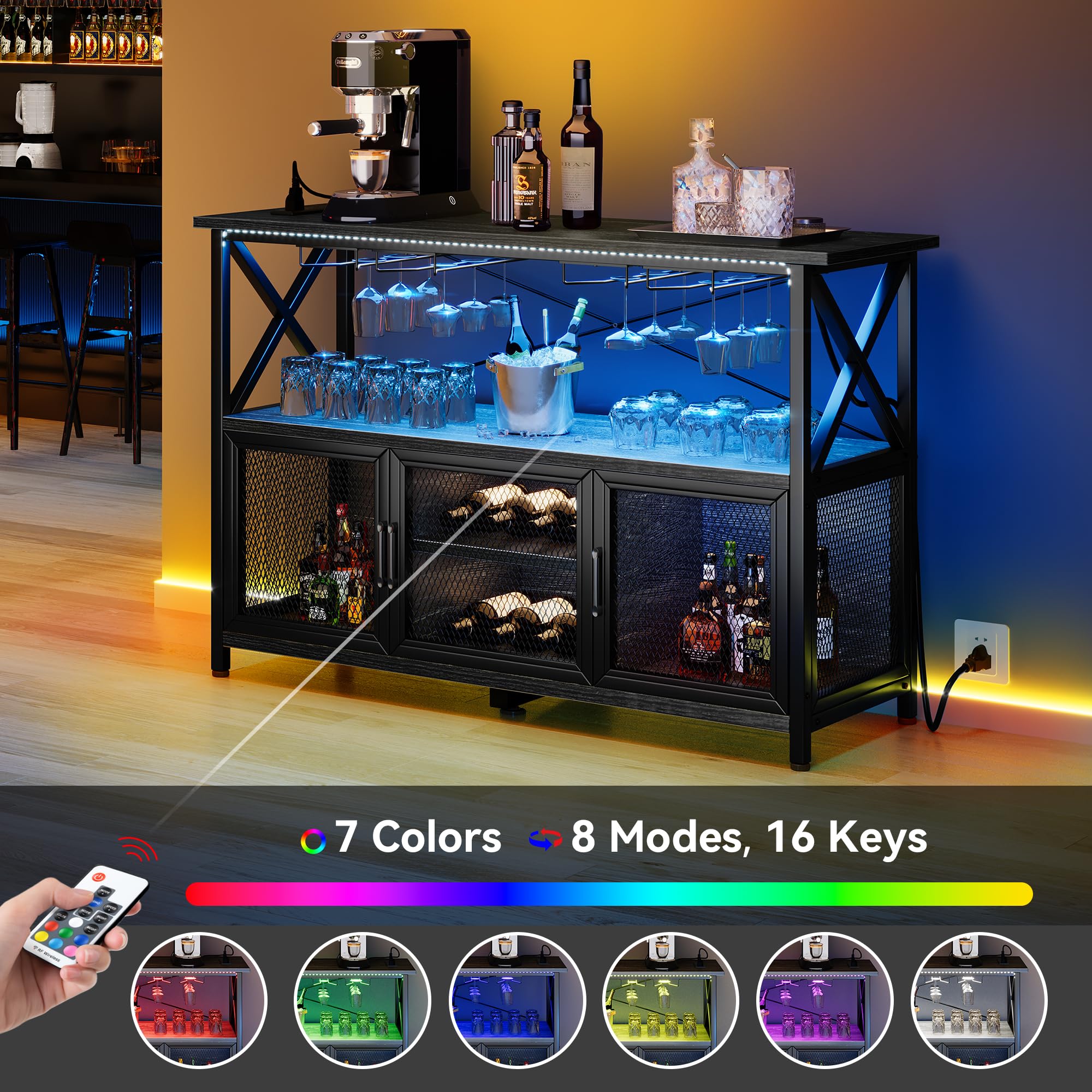YITAHOME 55" Coffee Bar Cabinet with LED Lights Power Outlets, Industrial Liquor Cabinet Home Wine Bar Table with Wine Rack Storage Sideboard Buffet Cabinet for Living Room Kitchen Dining Room
