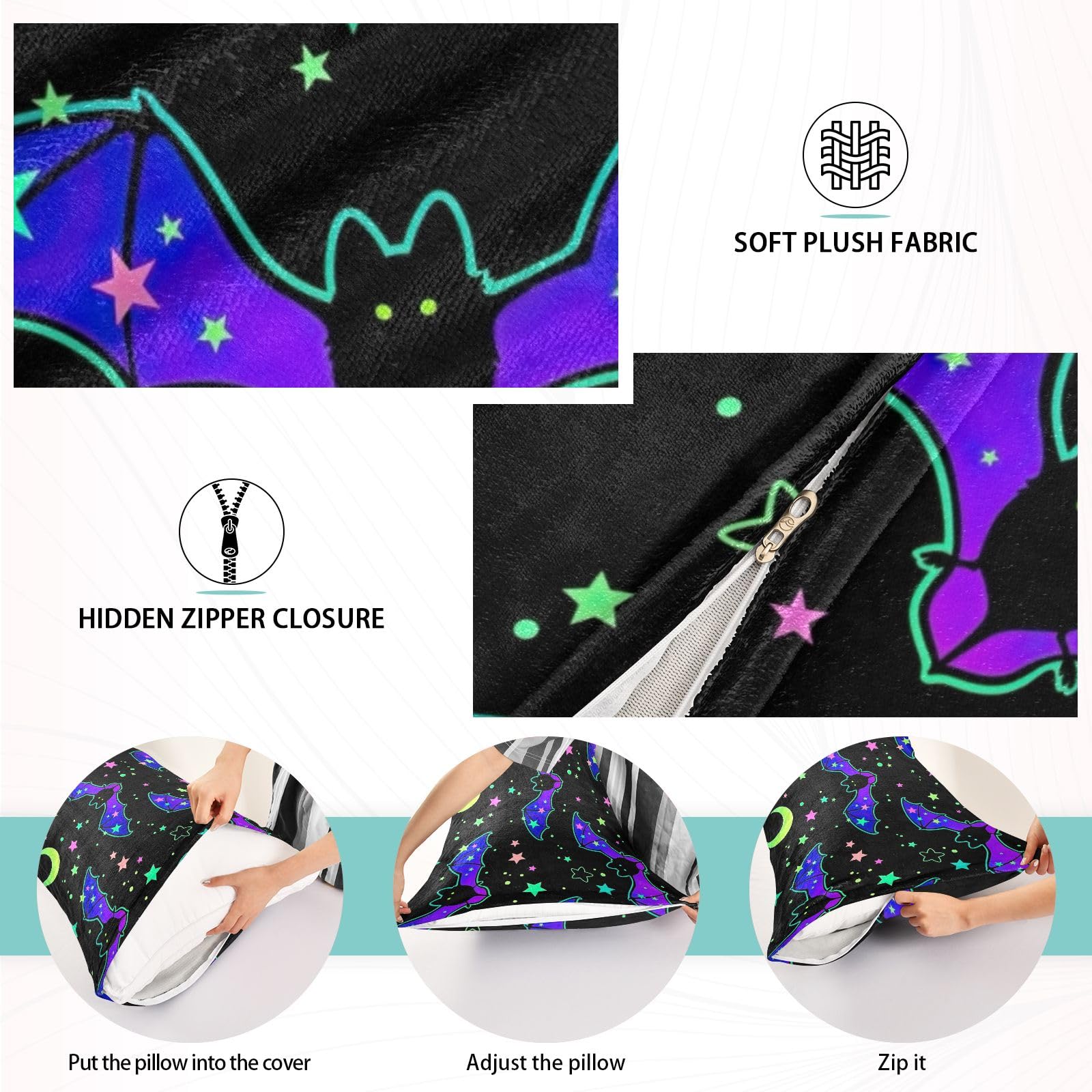 Joisal Bats with Bright Stars Plush Pillows Covers, Pillow Case for Body Pillow, with Side Opening Zipper, Furry Pillow Cases, 4 Optional Sizes