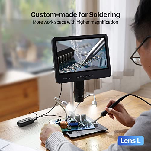 TOMLOV DM602 HDMI Digital Microscope with 3 Lens, Soldering Microscope with 10.1 Inch Screen, LCD Coin Microscope Full View, 2K Video Microscope for Adults, Biological Slide Microscope, 64GB