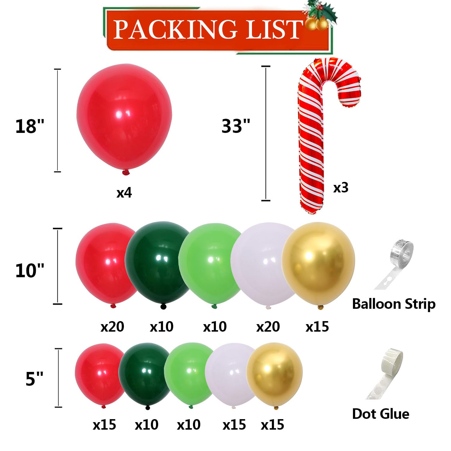 VitaCraft 149Pcs Christmas Balloon Kit, Red, White, Light Green, Dark Green, Gold Metallic Balloons with Candy Cane, Balloon Strip & Glue Dots for Christmas Party Decorations