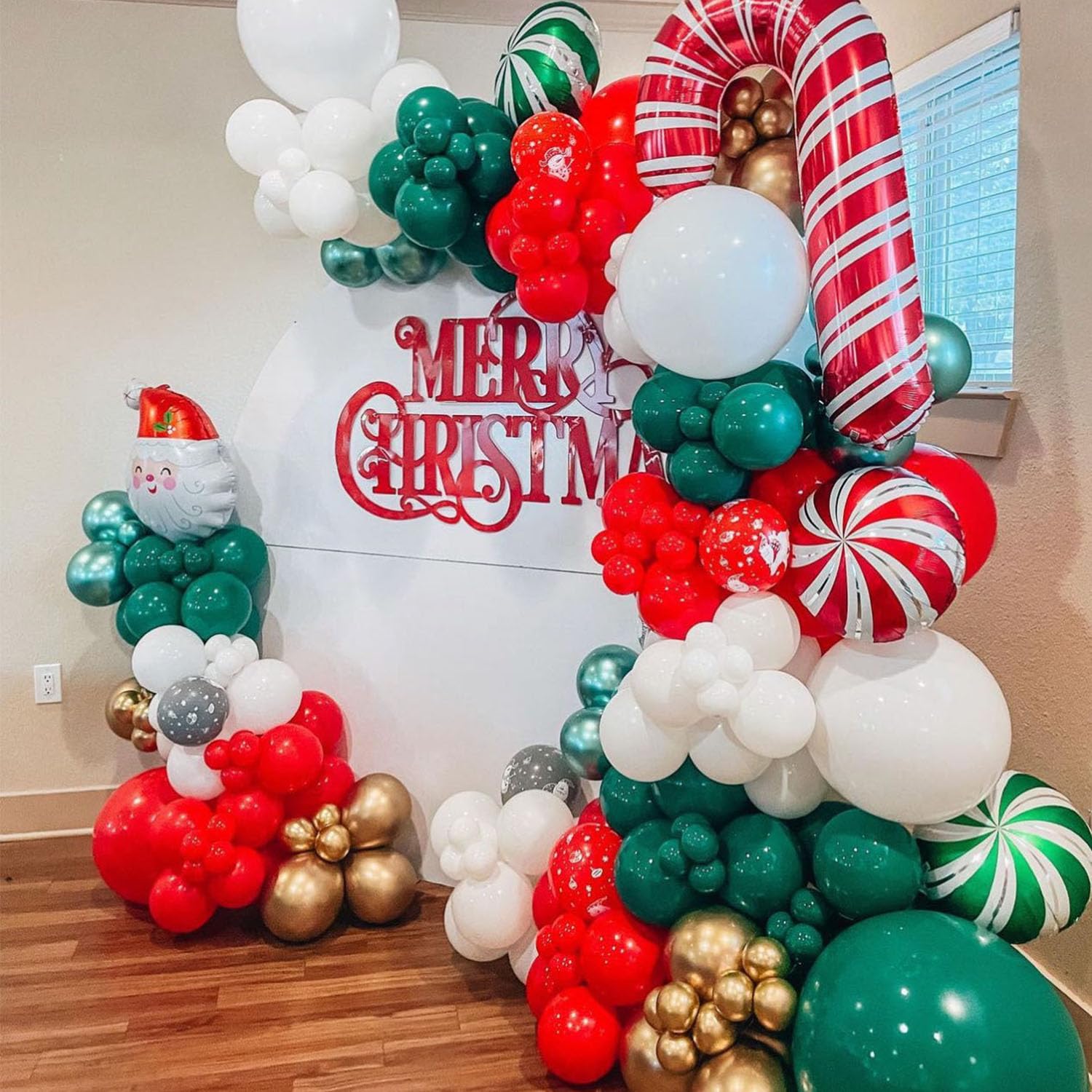 VitaCraft 149Pcs Christmas Balloon Kit, Red, White, Light Green, Dark Green, Gold Metallic Balloons with Candy Cane, Balloon Strip & Glue Dots for Christmas Party Decorations