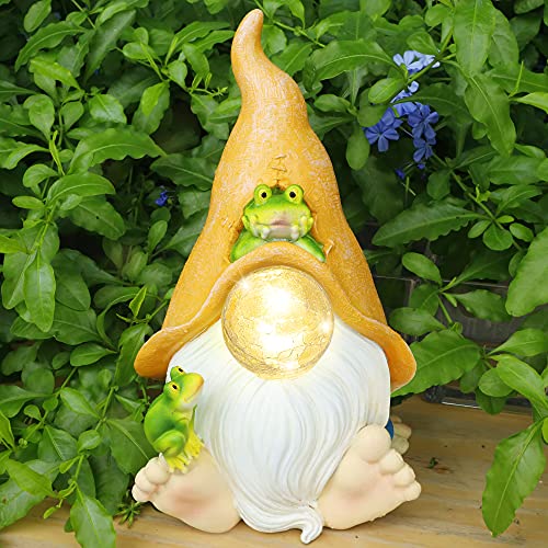 FORUP Garden Gnome Statue Outdoor Decor, Resin Gnome Figurine with Solar-Powered Glass Orb, Resin Garden Statues Sculpture for Patio Yard Lawn Outdoor Garden Decorations
