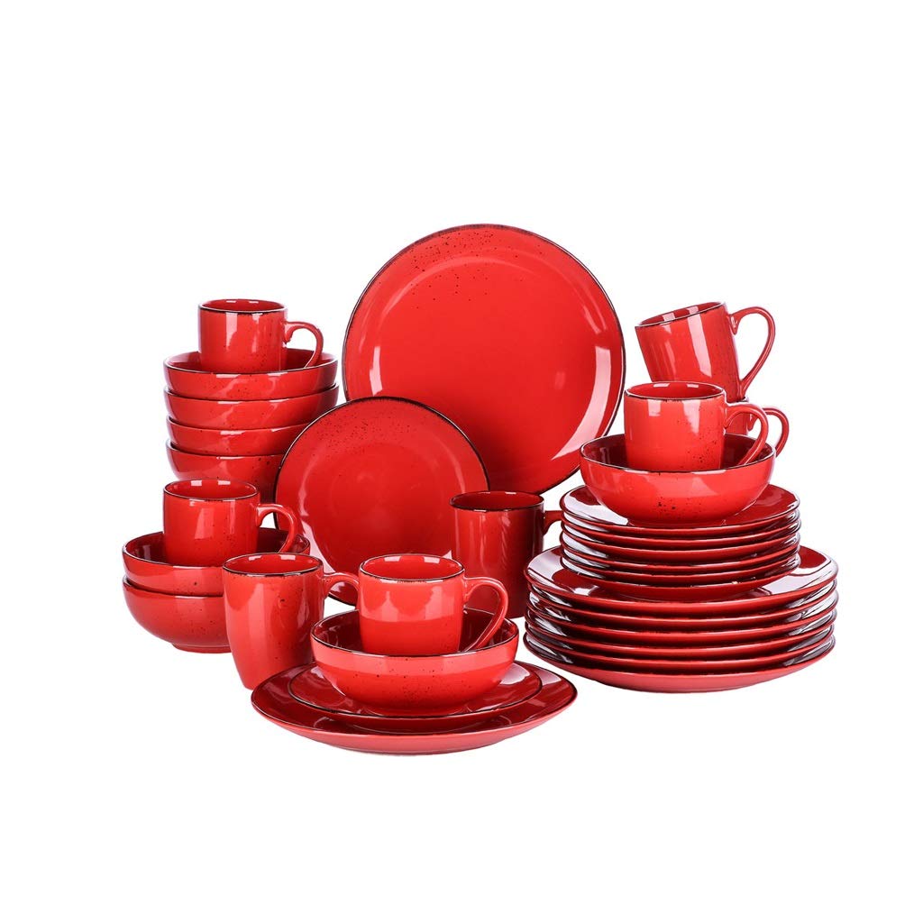 TBGFPO Red 32-Piece Ceramic Stoneware Dinner Plate Set with Dinner Plate, Dessert Plate, 800ml Bowl, 380ml Mug Set