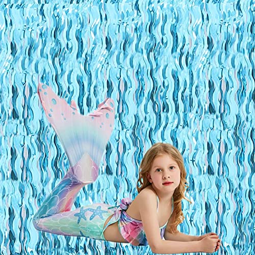 3 Pack 3.2 ft x 6.6 ft Teal Blue Matte Wavy Fringe Foil Curtains Photo Backdrop for Mermaid Birthday Party Decorations,Under The Sea Party Decorations