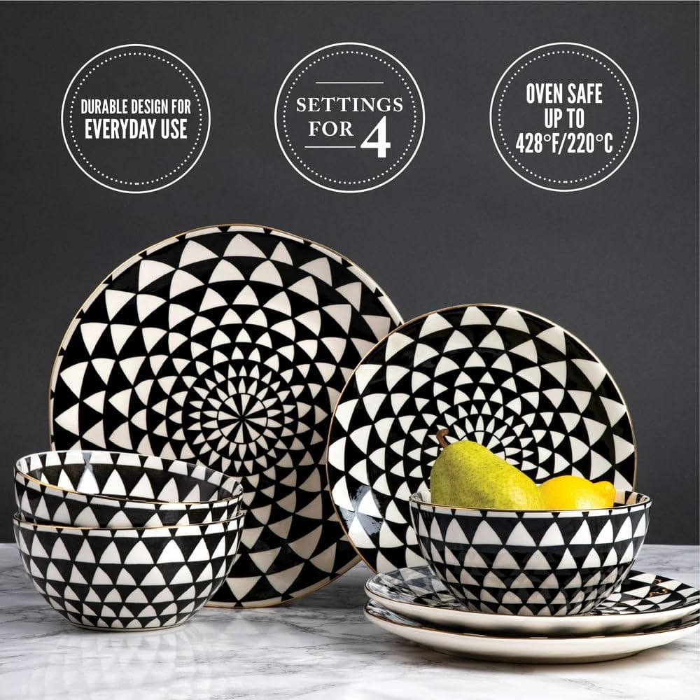 GtPet Dinnerware Black & White Medallion Stoneware, 12 Piece Set