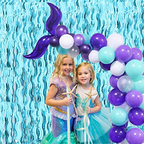 3 Pack 3.2 ft x 6.6 ft Teal Blue Matte Wavy Fringe Foil Curtains Photo Backdrop for Mermaid Birthday Party Decorations,Under The Sea Party Decorations