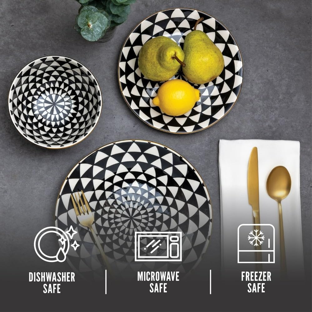 GtPet Dinnerware Black & White Medallion Stoneware, 12 Piece Set