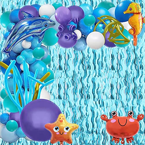 3 Pack 3.2 ft x 6.6 ft Teal Blue Matte Wavy Fringe Foil Curtains Photo Backdrop for Mermaid Birthday Party Decorations,Under The Sea Party Decorations