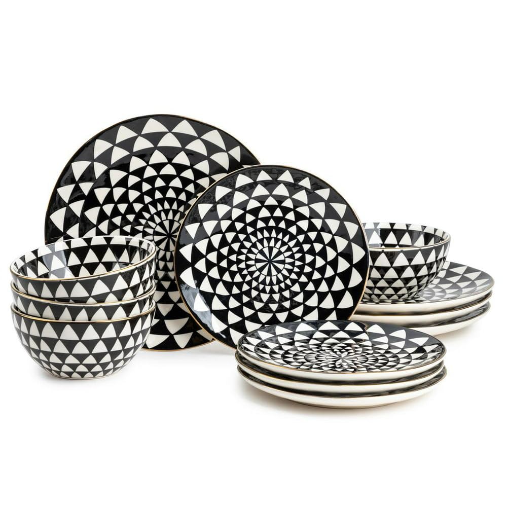 GtPet Dinnerware Black & White Medallion Stoneware, 12 Piece Set