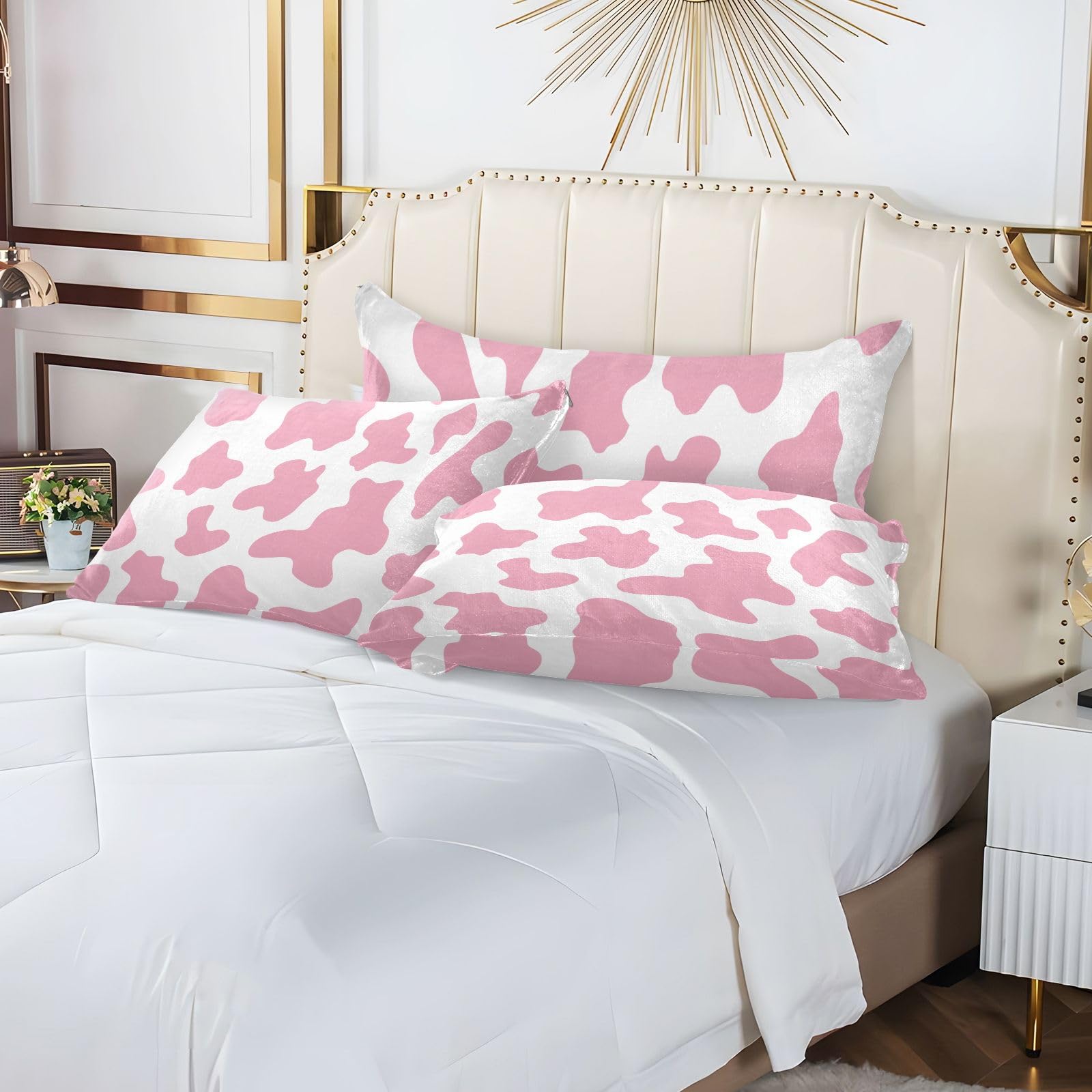 Pink Cow Print Camo Fluffy Pillow Cases Covers, Pillow Cases Queen, Warm and Fuzzy Polyester Pillowcase, 4 Optional Sizes