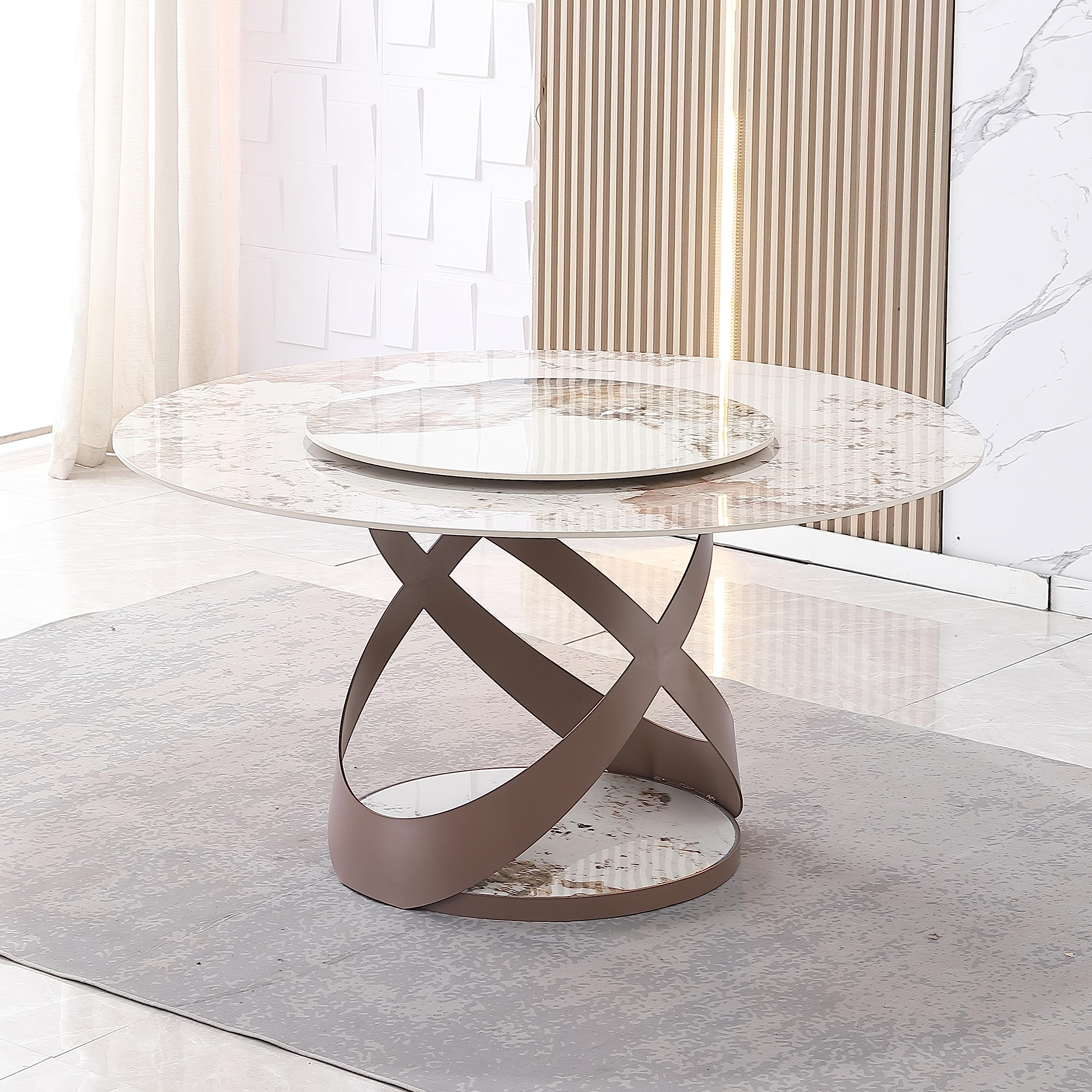 Voohek, White+Brown 9-Piece Modern Dining Room Set, with 8 Upholstered Chairs, Sintered Stone Table w/Round Turntable and Metal Exquisite Pedestal, Family Furniture for Home, Kitchen