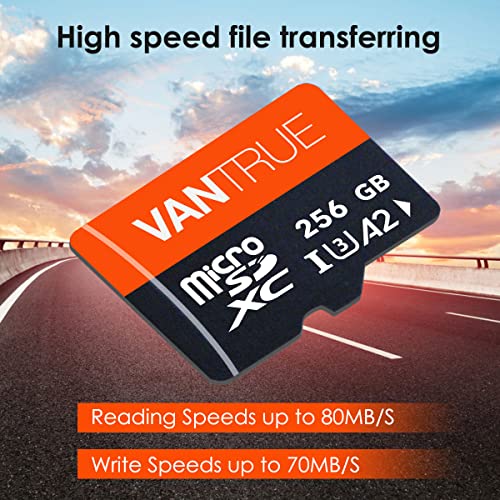 Vantrue 256GB microSDXC UHS-I U3 4K UHD Video High Speed Transfer Monitoring SD Card with Adapter for Dash Cams, Body Cams, Action Camera, Surveillance & Security Cams
