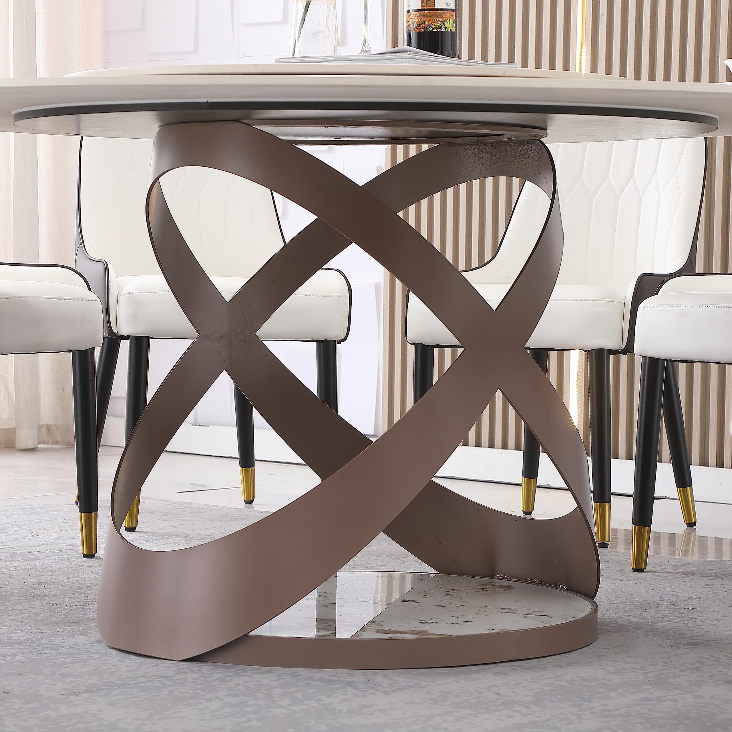 Voohek, White+Brown 9-Piece Modern Dining Room Set, with 8 Upholstered Chairs, Sintered Stone Table w/Round Turntable and Metal Exquisite Pedestal, Family Furniture for Home, Kitchen