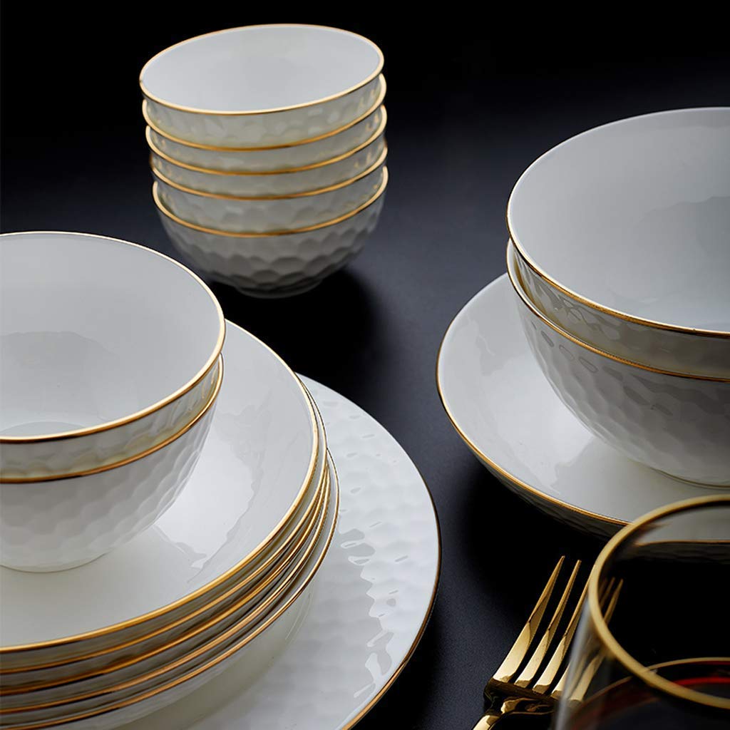 Plate and Bowl SetKitchen Tableware Set,Ceramics Dinner Sets, 60 Pieces Handmade Gold Bone China Dinnerware Set | Cereals Bowl & Dish & Soup Pot for Family Gathering - Porcelain Combination Set