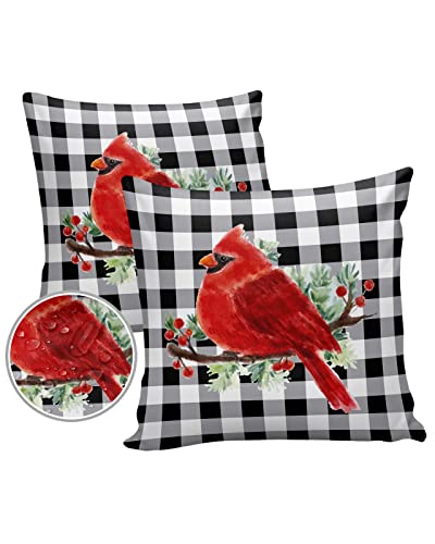 Vandarllin Outdoor Throw Pillows Covers 20X20 Set of 2 Waterproof Red Cardinals Decorative Zippered Lumbar Cushion Covers for Patio Furniture, White Black Buffalo Check Plaid