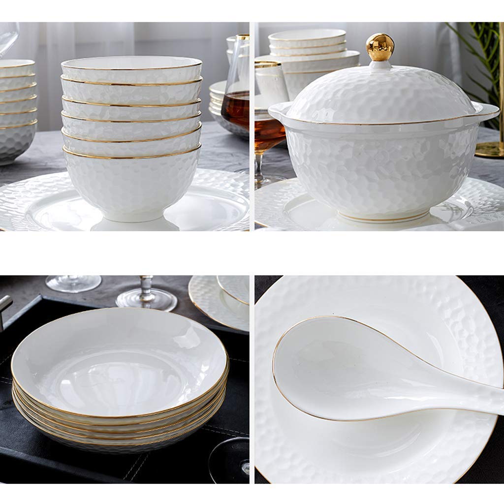Plate and Bowl SetKitchen Tableware Set,Ceramics Dinner Sets, 60 Pieces Handmade Gold Bone China Dinnerware Set | Cereals Bowl & Dish & Soup Pot for Family Gathering - Porcelain Combination Set