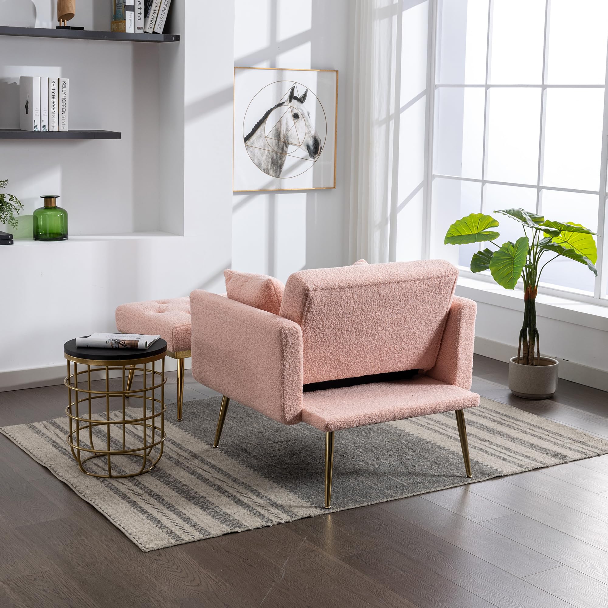 YuiHome 36.61'' Wide Modern Accent 3 Positions Adjustable Backrest, Tufted Chaise Lounge Chair, Single Recliner Armchair with Ottoman and Gold Legs for Living Room, Bedroom,Pink