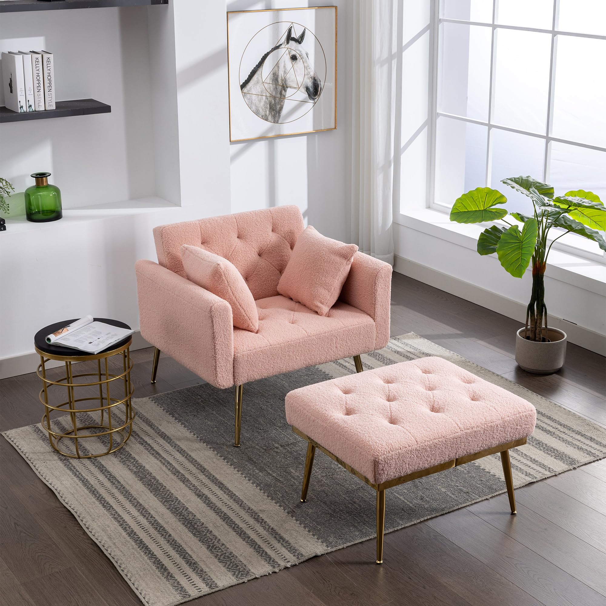 YuiHome 36.61'' Wide Modern Accent 3 Positions Adjustable Backrest, Tufted Chaise Lounge Chair, Single Recliner Armchair with Ottoman and Gold Legs for Living Room, Bedroom,Pink
