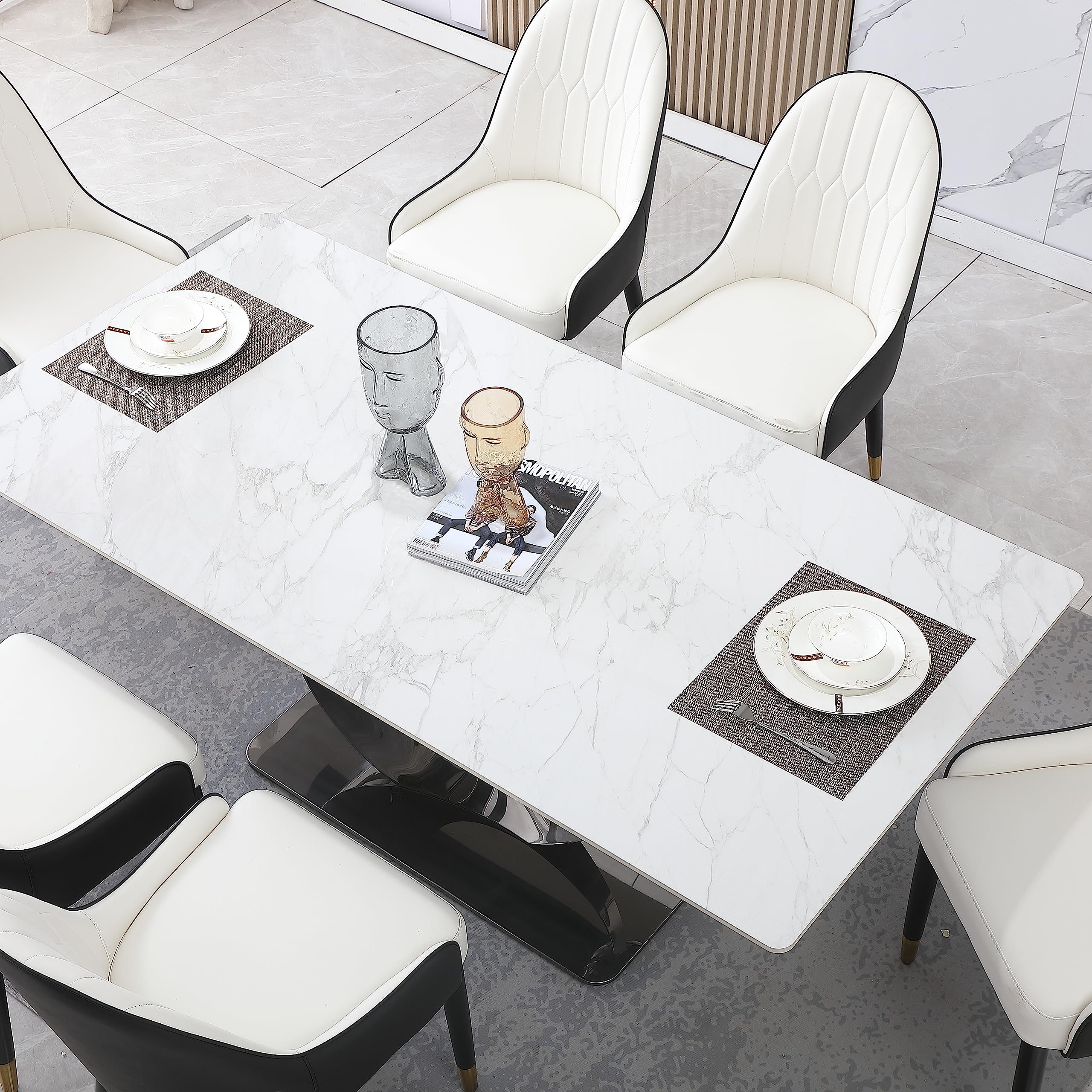 Voohek White+Black 7-Piece Modern Dining Room Set, with 6 Upholstered Chairs, Table w/Round Special Shaped Carbon Steel Pedestal Base, Family Furniture for Home, Kitchen, Carrara