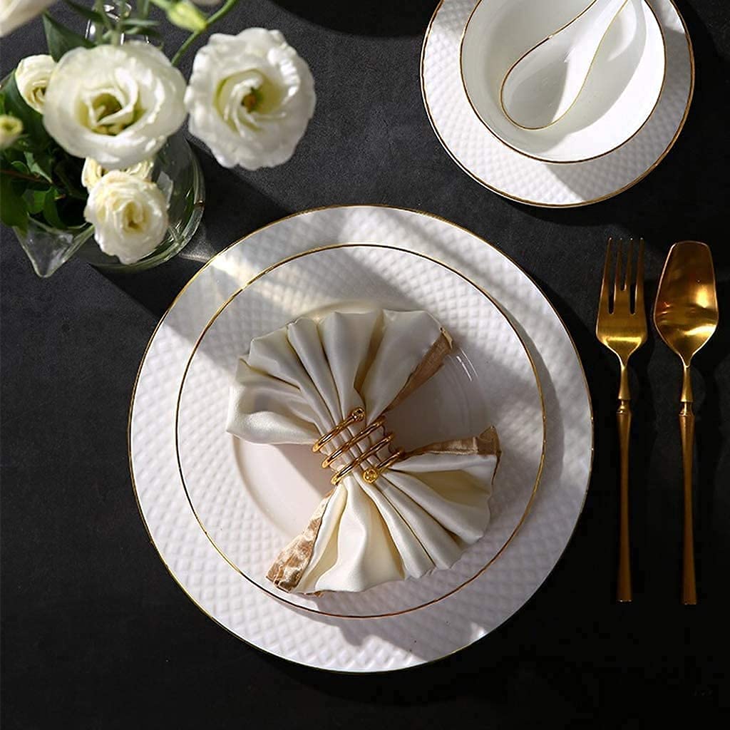 Porcelain Plate and Bowl Set,Dinnerware Set for Home or Special Restaurant, Ceramics Dinnerware Set, Bowl/Dish/Soup Pot/Spoon|Bone China Dinner Sets, White Embossed Gold Pattern Porcelain Combination