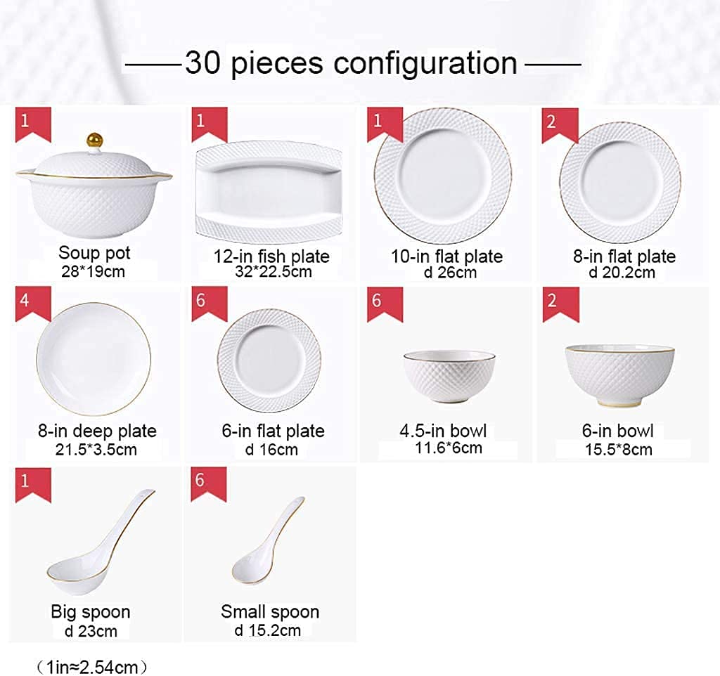 Porcelain Plate and Bowl Set,Dinnerware Set for Home or Special Restaurant, Ceramics Dinnerware Set, Bowl/Dish/Soup Pot/Spoon|Bone China Dinner Sets, White Embossed Gold Pattern Porcelain Combination