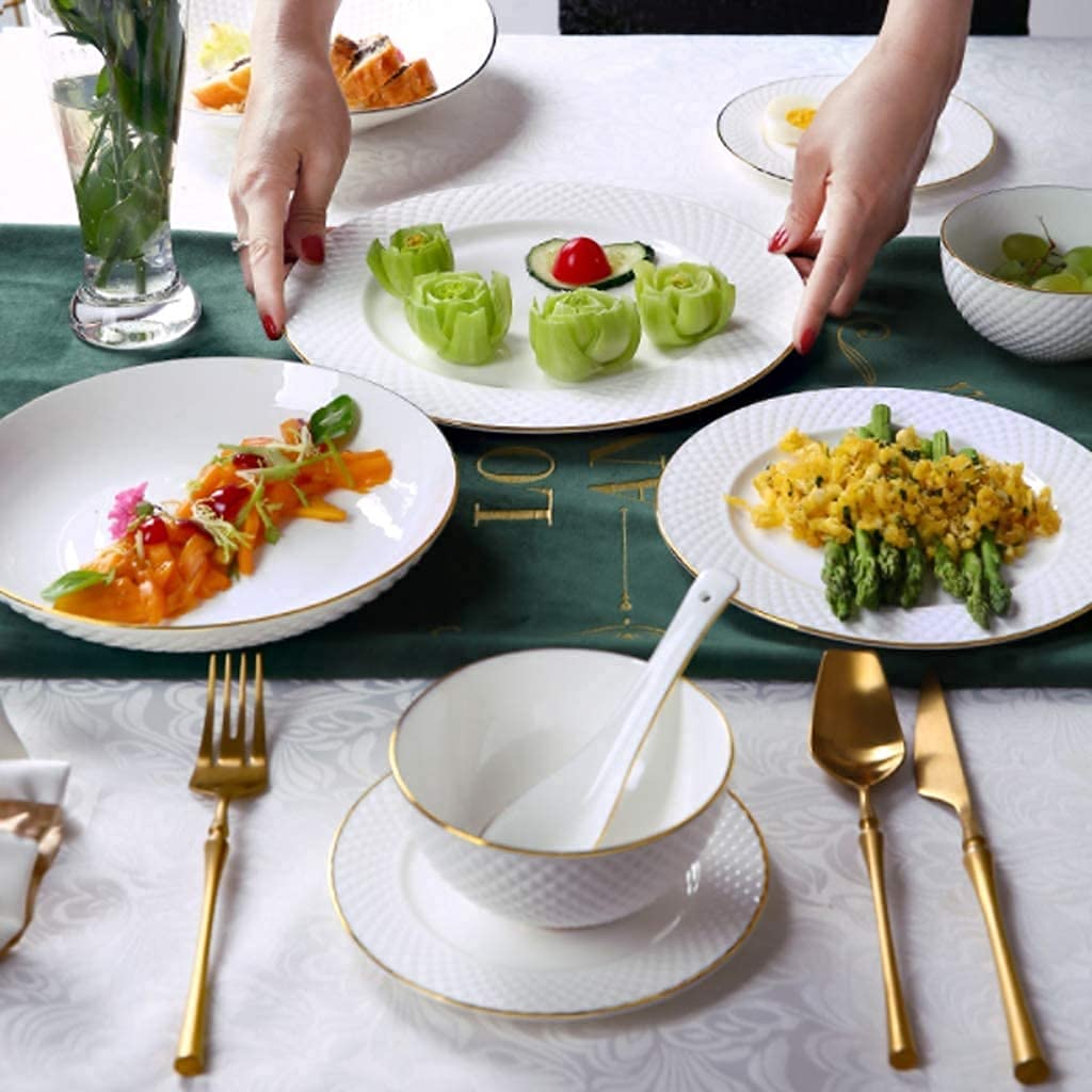 Porcelain Plate and Bowl Set,Dinnerware Set for Home or Special Restaurant, Ceramics Dinnerware Set, Bowl/Dish/Soup Pot/Spoon|Bone China Dinner Sets, White Embossed Gold Pattern Porcelain Combination
