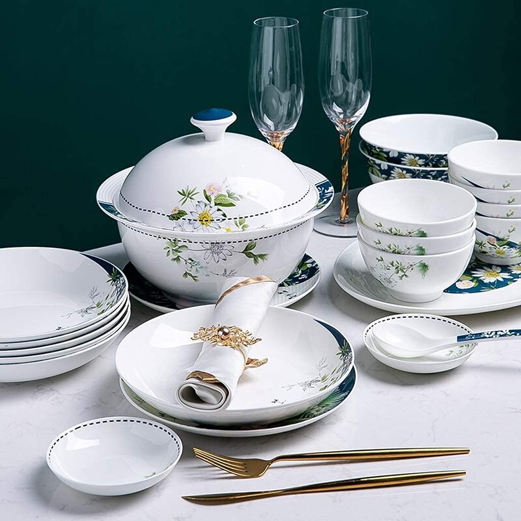 AB-Grade Porcelain Plate and Bowl Set,Ceramics Dinner Sets 46 Pieces Ceramics Dinner Sets,Bowl/Dish/Soup Pot/Spoon|Dinnerware Set Simple Floral Pattern Combination Tableware Set-Compatible with Gift