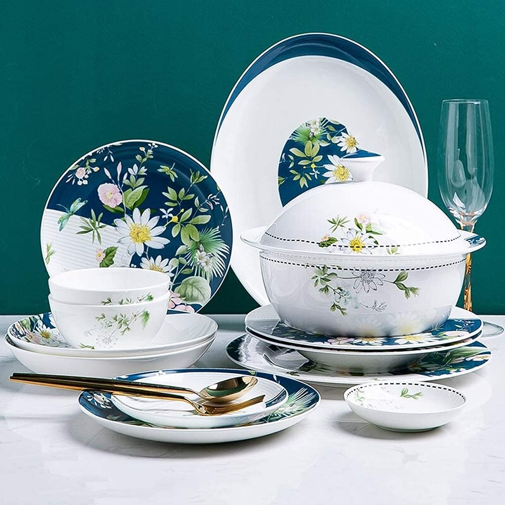 AB-Grade Porcelain Plate and Bowl Set,Ceramics Dinner Sets 46 Pieces Ceramics Dinner Sets,Bowl/Dish/Soup Pot/Spoon|Dinnerware Set Simple Floral Pattern Combination Tableware Set-Compatible with Gift