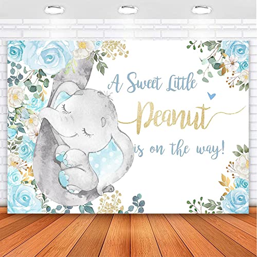 Avezano Boy Elephant Baby Shower Backdrop Blue Floral Rose Jungle Elephant Baby Shower Background 7x5ft Vinyl Blue and Gold Elephant Baby Shower Party Decorations Backdrops for Boys