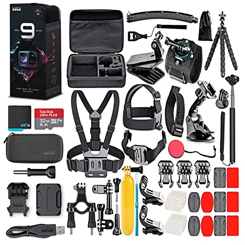 GoPro HERO9 Black - Waterproof Action Camera with Front LCD, Touch Rear Screens, 5K Video, 20MP Photos, 1080p Live Streaming, Stabilization + 32GB Card and 50 Piece Accessory Kit - Action Kit