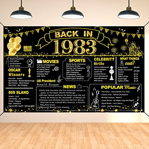 DARUNAXY 40th Birthday Black Gold Party Decoration, Back in 1983 Banner 40 Year Old Birthday Party Poster Supplies Vintage 1983 Backdrop Photography Background for Men & Women 40th Class Reunion Decor