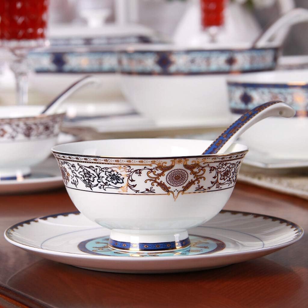 Porcelain Plate and Bowl Set, Ceramics Dinnerware Set with 55 Pieces,Bowl/Dish/Soup Pot/Spoon|Dinner Sets,Blues Garden Pattern Porcelain Combination Set